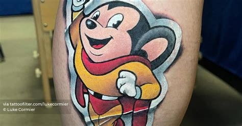 Mighty Mouse Sticker Tattoo Located On The Calf