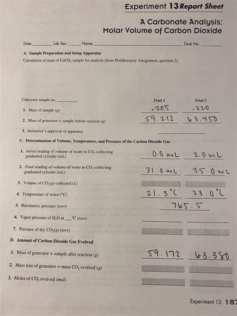 solved experiment 13 report sheet a carbonate analysis