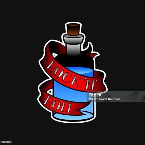 블루 액체와 텍스트 락 앤 롤 붉은 리본 유리 병 구식 문신 디자인입니다 스티커 포스터 또는 전단지 벡터 0명에 대한 스톡 벡터 아트 및 기타 이미지 Istock