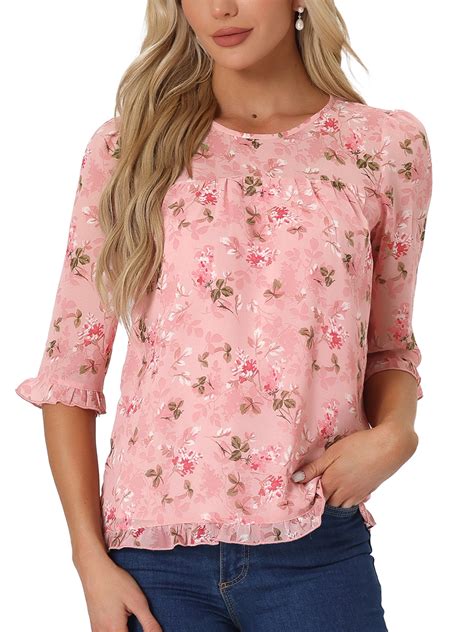 Inspire Chic Womens Tops 34 Sleeves Ruffle Hem Floral Chiffon Shirt