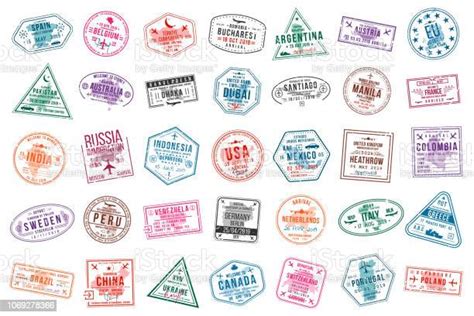 여행 비자 스탬프를 여권에 대 한의 집합입니다 국제 이민 사무실 우표입니다 도착 및 출발 비자 스탬프 고무도장에 대한 스톡 벡터 아트 및 기타 이미지 Istock