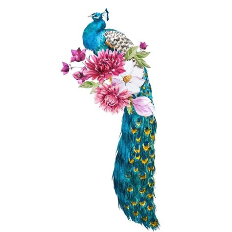 Elegant Watercolor Peacock With Flowers Fabric Panel