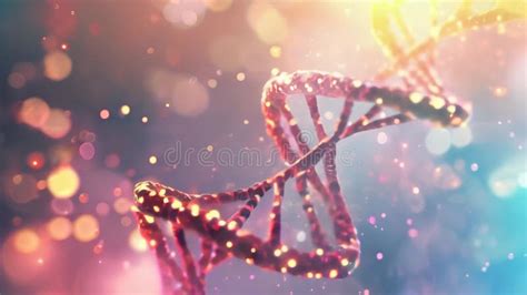 Close Up Of A Dna Double Helix Structure With Glowing Particles And Bokeh Effect Genetic