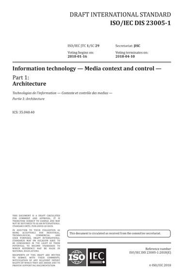 ISO IEC DIS 23005 1 2019 Information Technology Media Context And Control Part 1 Architecture