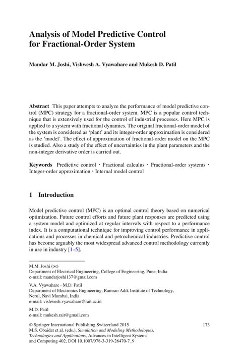 Pdf Analysis Of Model Predictive Control For Fractional Order System
