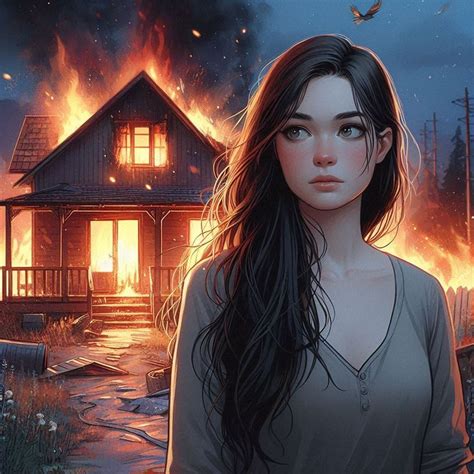 Девушка с длинными темными волосами стоит на фоне горящего дома
