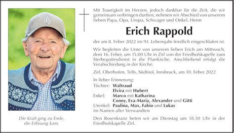 Traueranzeige Von Erich Rappold Vom 08 02 2022 Tiroler Tageszeitung
