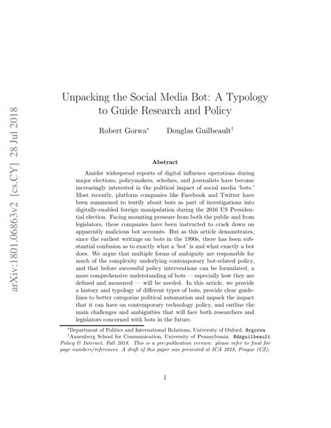 PDF Unpacking The Social Media Bot A Typology To Guide Research And Policy Unpacking The