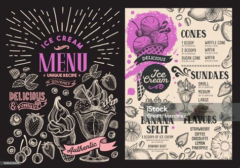 아이스크림 레스토랑 메뉴 칠판 배경입니다 에 대 한 벡터 디저트 음식 전단지 바와 카페 빈티지 그린 삽화와 함께 서식 파일을 디자인 합니다 메뉴판에 대한 스톡 벡터 아트 및