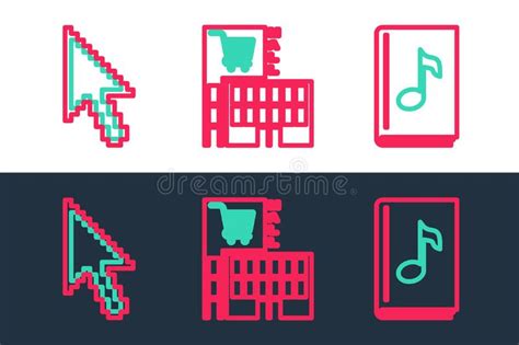 Set Line Audio Book Pixel Arrow Cursor And Mall Supermarket Building Icon Vector Stock Vector