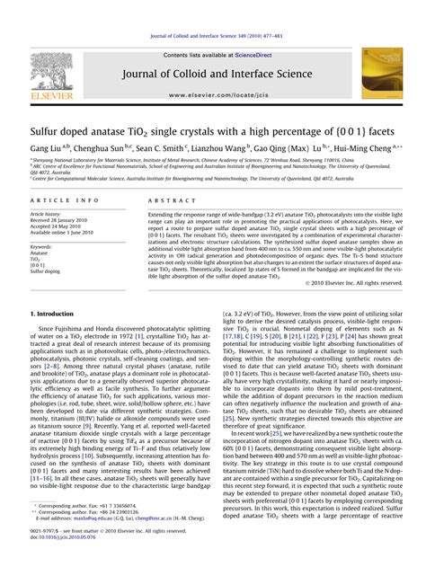 Pdf Sulfur Doped Anatase Tio2 Single Crystals With A High Percentage Of {001} Facets