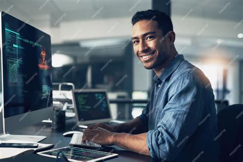 Premium Photo Portrait Man And Smile Of Programmer On Computer In