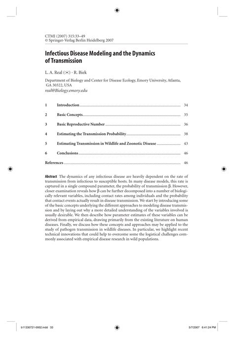 Pdf Infectious Disease Modeling And The Dynamics Of Transmission
