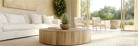 흰색 리넨 소파가 있는 소박한 거실 목재 커피 테이블 베이지색 벽과 질감이 있는 러그의 흙빛 색상 팔레트가 특징인 천연 목재 액센트 촌사람 같은 거실 하얀색 배경