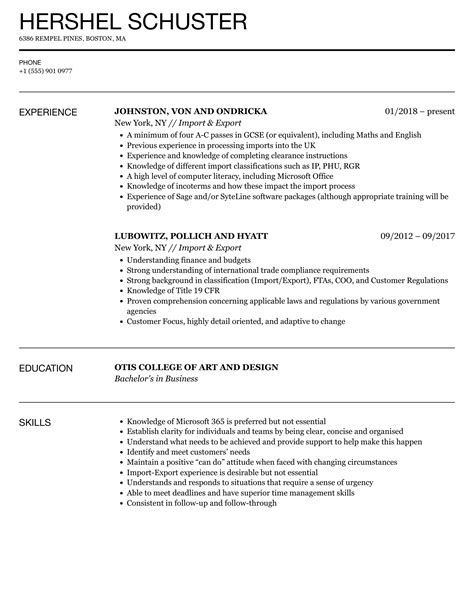 Import And Export Resume Samples Velvet Jobs