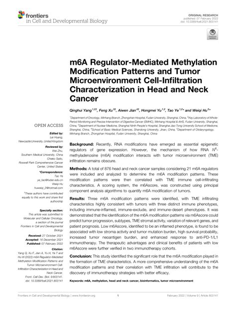 Pdf M6a Regulator Mediated Methylation Modification Patterns And Tumor Microenvironment Cell