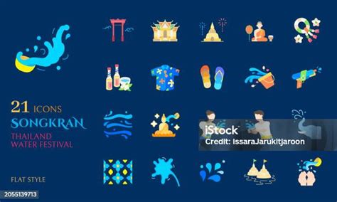 ไอคอนสงกรานต์สไตล์แบนเพื่อเฉลิมฉลองเทศกาลน้ําไทยปีใหม่พระพุทธศาสนา ภาพประกอบสต็อก ดาวน์โหลดรูป