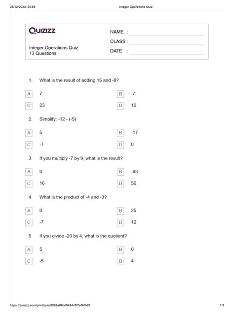 Integer Operations Quiz Pdf Multiplication Integer