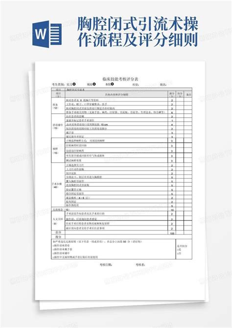 胸腔闭式引流术操作流程及评分细则Word模板下载 编号lxzmronm 熊猫办公