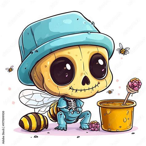 Cute Cartoon Bee Skeleton Character With Honey Pot And Raspberries
