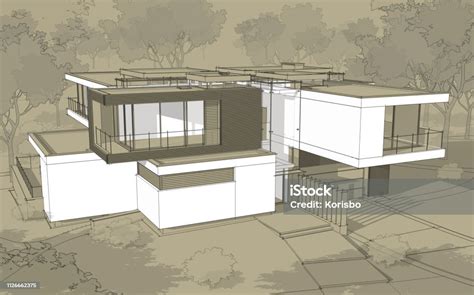 현대 아늑한 집의 3d 렌더링 밑그림입니다 검은 선 흰 반점 가진 밑그림입니다 0명에 대한 스톡 사진 및 기타 이미지 0명 3차원 형태 개념 Istock