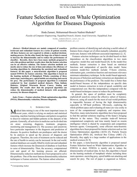Pdf Feature Selection Based On Whale Optimization Algorithm For Diseases Diagnosis