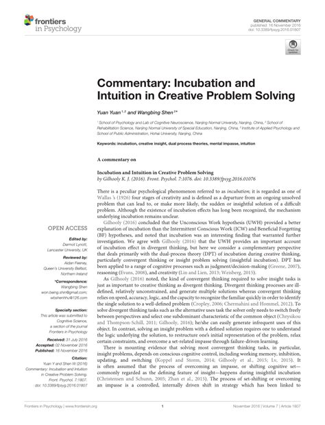 Pdf Commentary Incubation And Intuition In Creative Problem Solving