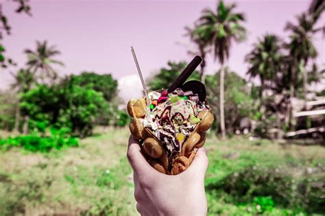 녹색과 분홍색톤 홍콩 와플 디저트 아이스크림 쿠키 시럽 과자를 곁들인 과자 열대 식물의 배경에 대해 착색 된 이미지 가이단자이에 대한 스톡 사진 및 기타 이미지 Istock