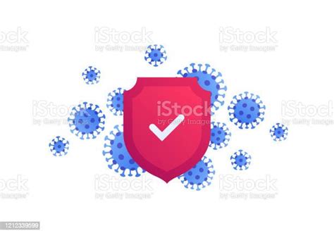 바이러스 전염병 개념 벡터 현대 평면 그림입니다 흰색 배경에 격리 된 체크 마크와 코로나 바이러스 기호 및 빨간색 방패 의학