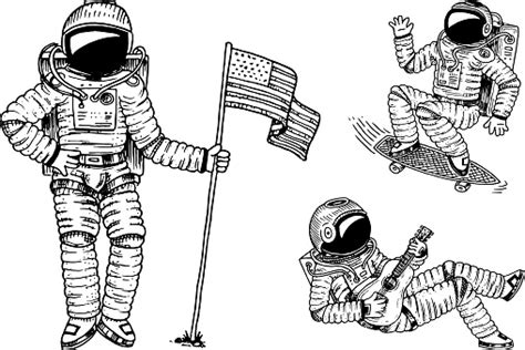 우주 비행사는 미국 국기와 함께 급증입니다 스케이트 보드와 기타 우주인을 춤 천문학은 공간에 있는 모험 우주 비행사는 태양계에 있는 행성을 탐구 한다 새겨진된 손으로 그린된