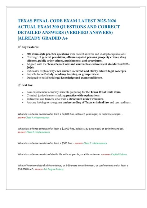 Texas Penal Code Exam Latest Actual Exam 300 Questions And Correct