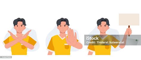 남자는 제스처를 보여주고 있습니다 부정적인 반대 제스처 설정 남자는 No라는 글이 적힌 팻말을 들고 항의했다 개념이 없습니다 벡터 일러스트 레이 션 감정에 대한 스톡 벡터