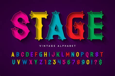 복고풍 서커스 알파벳 디자인 카바레 여러 가지 빛깔의 문자와 숫자 Cabaret에 대한 스톡 벡터 아트 및 기타 이미지 Cabaret 벡터 3차원 형태 Istock