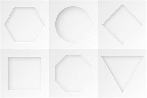 3d 흰색 기하학적 프레임 배경 세트입니다 밝은 공간에 구멍이 뚫린 모양 효과 부드러운 색상 장식 종이 컷 스타일의 미니멀 배너