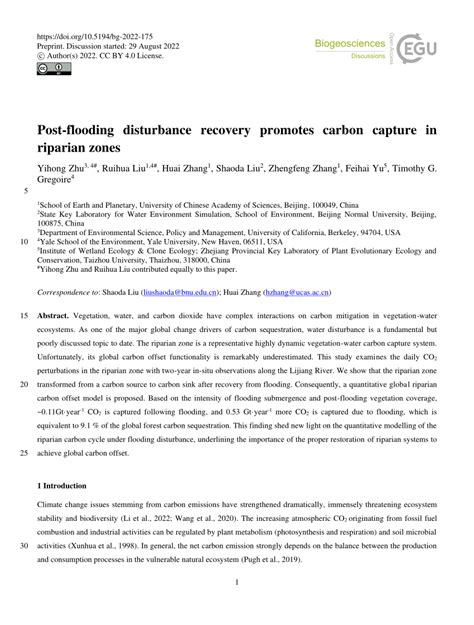Pdf Post Flooding Disturbance Recovery Promotes Carbon Capture In Riparian Zones