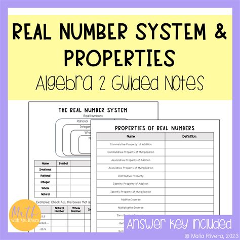 The Real Number System And Properties Of Real Numbers Guided Notes For Algebra 2 Maila Rivera