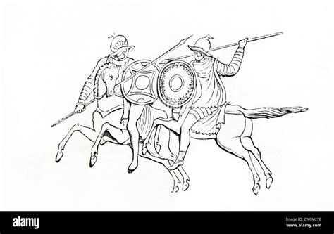 Wood Engraving Of A Roman Combat With The Spear And Small Round Shield Parma From Bas Relief