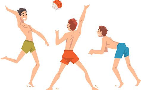 남자는 비치 발리 볼을 재생 반바지를 입고 남성 가장 친한 친구 지출 좋은 시간 함께 우정 벡터 일러스트 레이 션 놀기에 대한 스톡 벡터 아트 및 기타 이미지 Istock