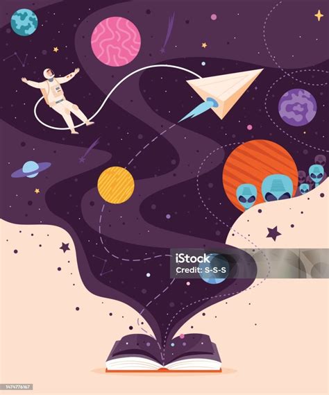 우주 책 상상력 영감을 주는 동화책 은하 환경과 코스모스 스토리텔링 학교 아이들을 위한 독서 학습 교육 마법 공간 요소 우주 벡터 일러스트 레이 션 동화에 대한 스톡 벡터