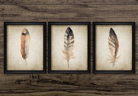 Feather Wall Art Set Of 3 Feather Home Decor Bird Feather Etsy