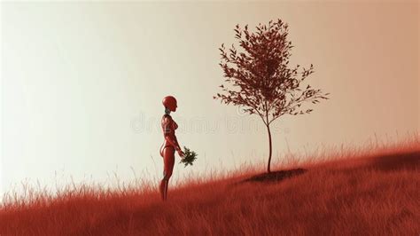 Futuristic Humanoid Robot Standing On A Grassy Field Holding A Small Plant Stock Illustration