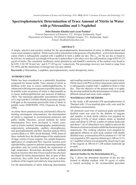 Pdf Spectrophotometric Determination Of Trace Amount Of Nitrite In