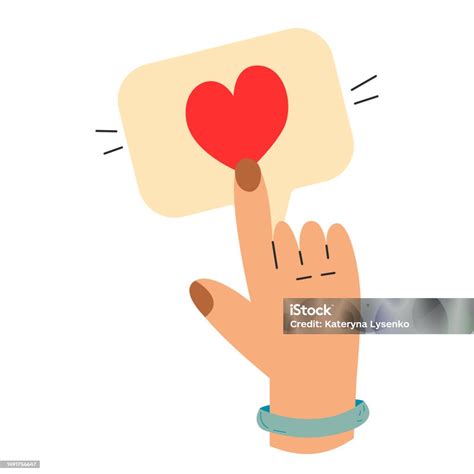 손가락으로 좋아요 기호를 클릭합니다 텍스트 버블 속의 하트 손가락을 가리키고 있습니다 소셜 미디어 개념입니다 흰색 배경에 분리된 벡터 스톡 그림입니다 가리키기에 대한 스톡