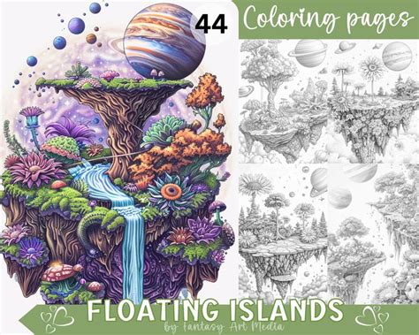 Floating Islands Coloring Pages Printable Adult Grayscale Fantasy