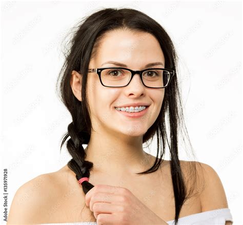 Nerd Girl In Glasses And With Brackets On Teeth Positive Excellent Student Woman Hipster