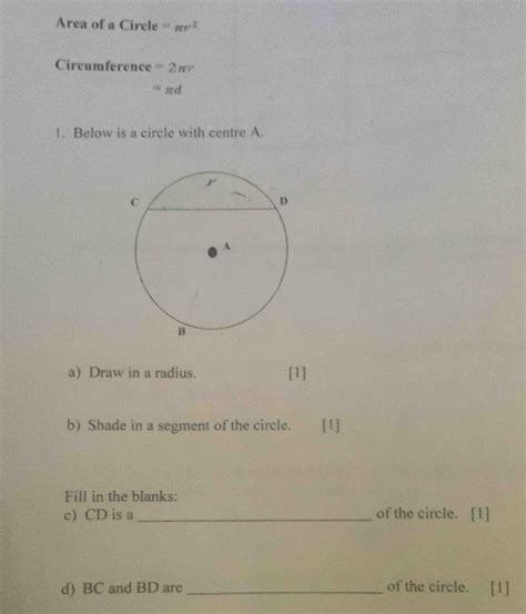 Solved Area of a Circle π r 2 Circumference 2π r π d 1 Below is a circle with centre A a