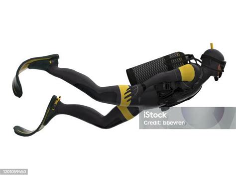 고립 된 스쿠버 다이버 흰색 배경 준비 컷 아웃 3d 렌더링의 오른쪽 보기 스쿠버 다이빙에 대한 스톡 사진 및 기타 이미지