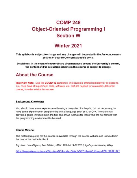 Comp 248 Course Outline Comp 248 Object Oriented Programming I