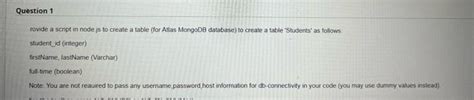Solved Rovide A Script In Node Js To Create A Table For Chegg