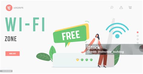 무료 Wifi 영역 방문 페이지 템플릿 작은 여성 캐릭터는 무선 인터넷 연결거대한 와이파이 라우터에 앉아 가상현실에 대한 스톡